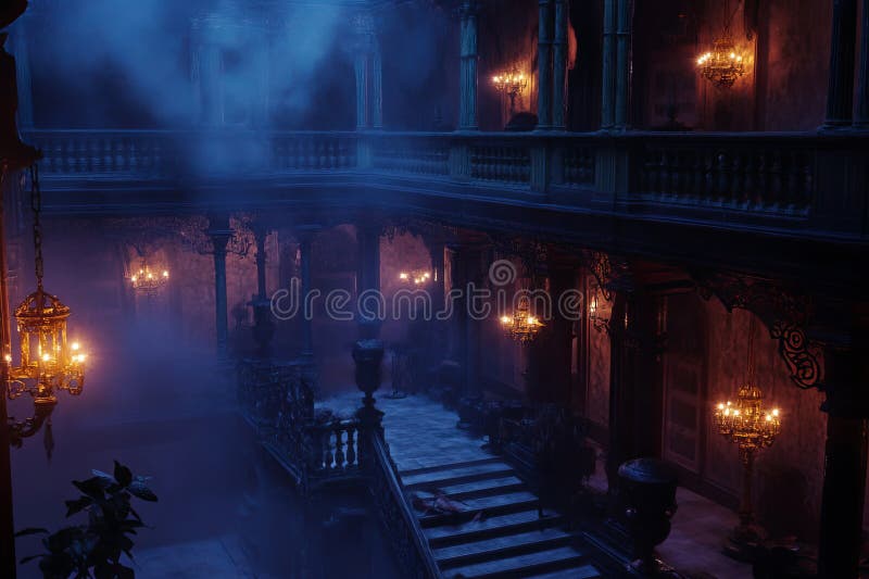Mysterious Abandoned Mansion with Fog and Dim Lighting Effects Stock ...