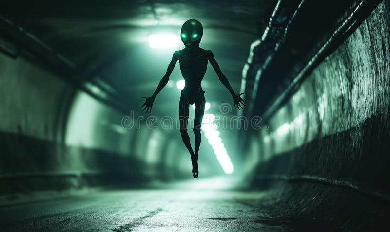 Mysterious Alien Figure Hovering in Dimly Lit Tunnel, Eerie Atmosphere ...