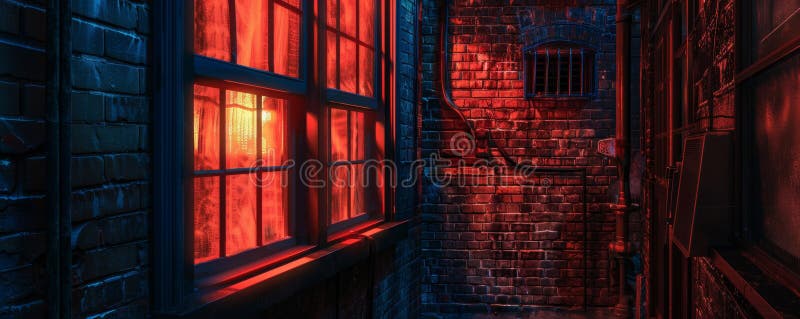 Mysterious Alley with Bright Red Glowing Windows at Night Stock Image ...