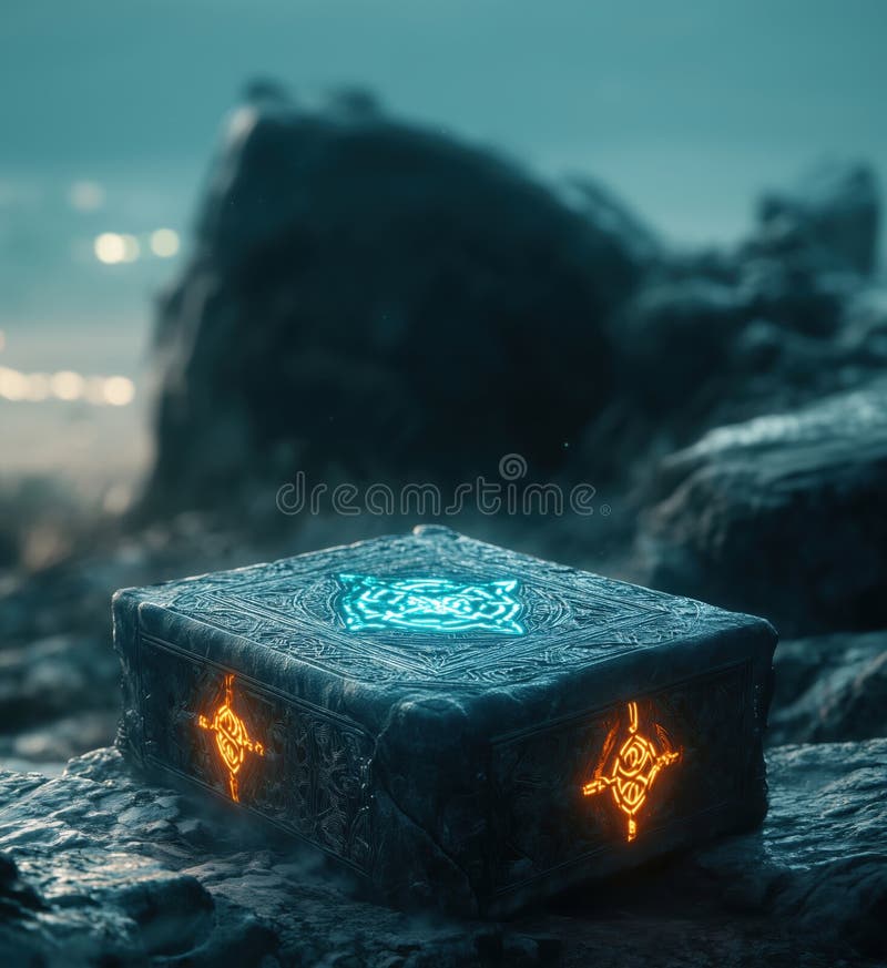Mysterious Ancient Box with Glowing Symbols on Rocky Terrain at Dusk ...