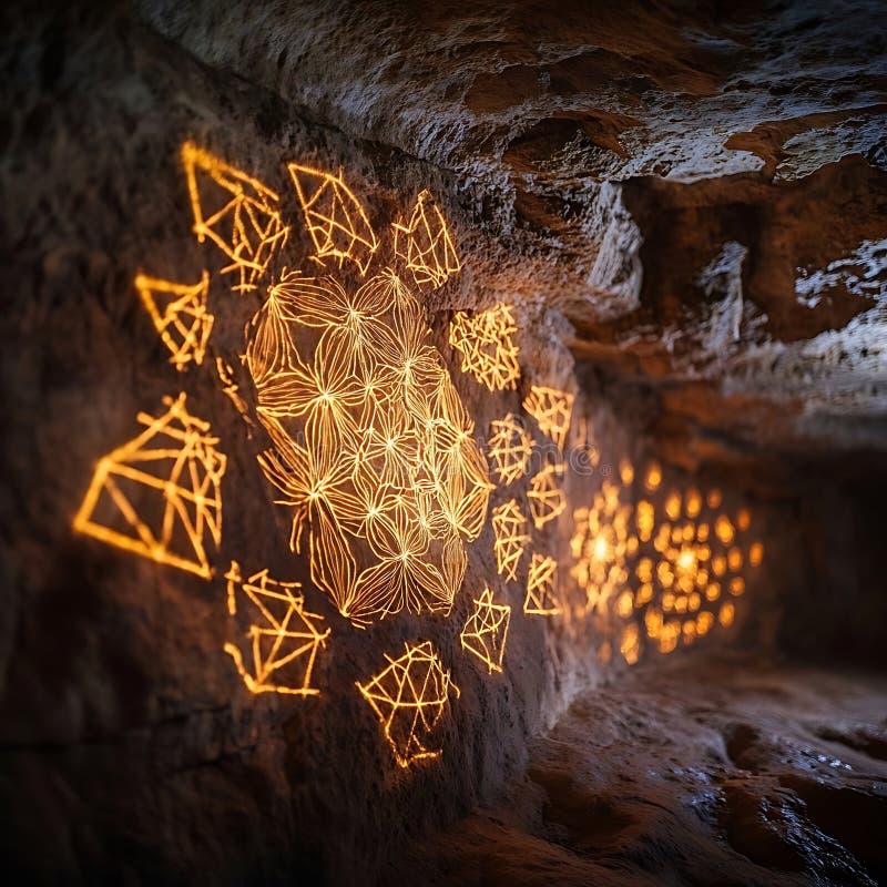 Mysterious Ancient Cave Art Illuminated by Luminous Patterns. Stock ...