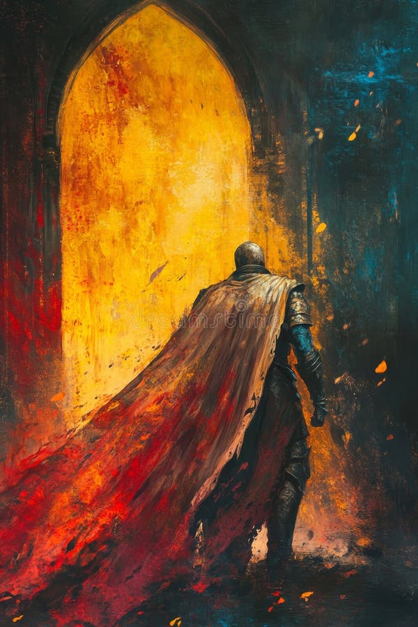 A Mysterious Ancient Guardian Adorned with a Vibrant Flying Cape of Red ...