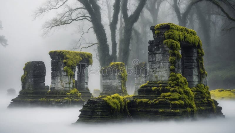 Mysterious Ancient Ruins Covered in Moss during Foggy Morning in a ...