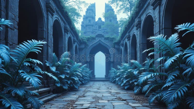 Mysterious Ancient Ruins: Stone Corridor with Lush Blue Foliage in ...