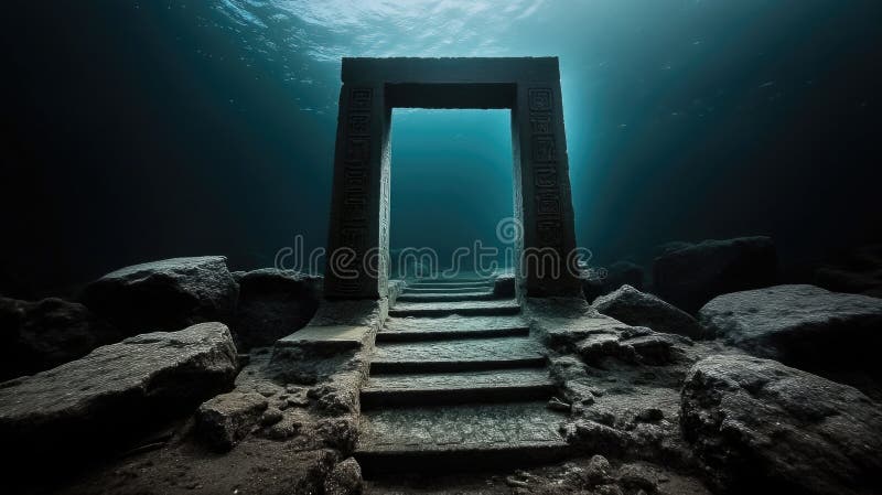 Mysterious Ancient Stone Gateway Underwater with Steps in Ocean Stock ...