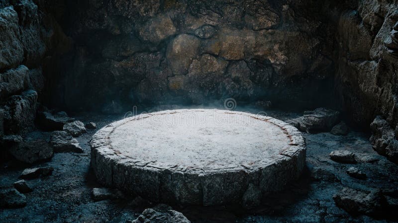 Mysterious Ancient Stone Platform in Dark Cave Stock Illustration ...