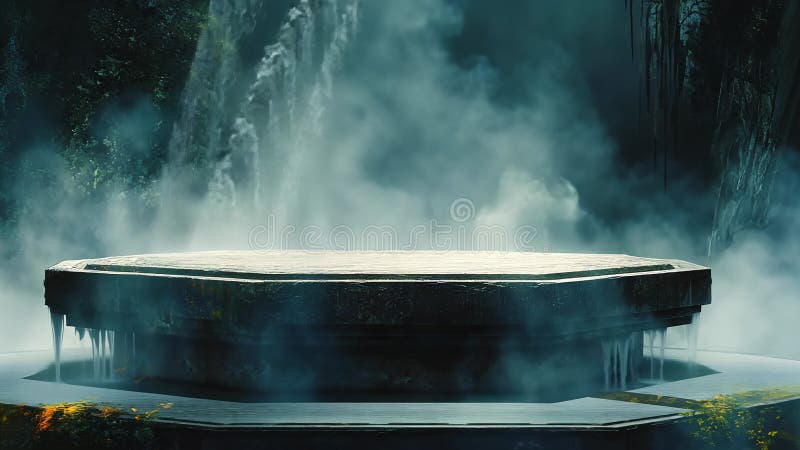 Mysterious Ancient Stone Platform in Misty Waterfall Setting Stock ...