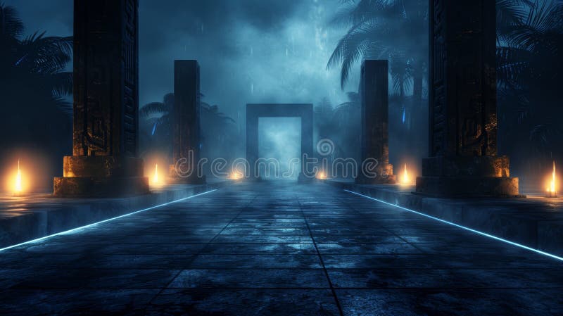 Mysterious Ancient Temple Gate with Mist and Glowing Lights at Night ...