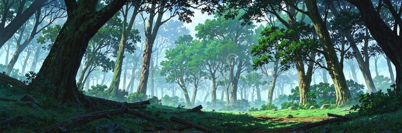 Mysterious Anime Forest with Fog and Ancient Trees Stock Illustration ...