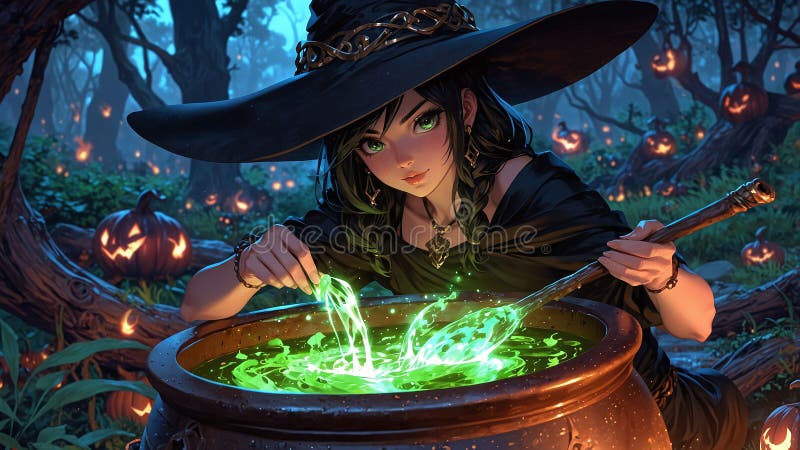 Mysterious Anime Witch Brewing Magical Potion in Enchanted Shadowy ...