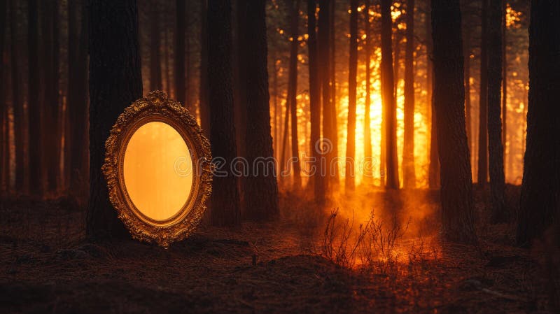 Mysterious Antique Mirror in an Enchanted Forest Setting at Sunset ...