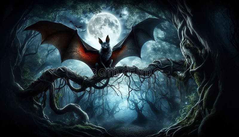 Mysterious Bat in Enchanted Forest Under Moonlight Stock Illustration ...