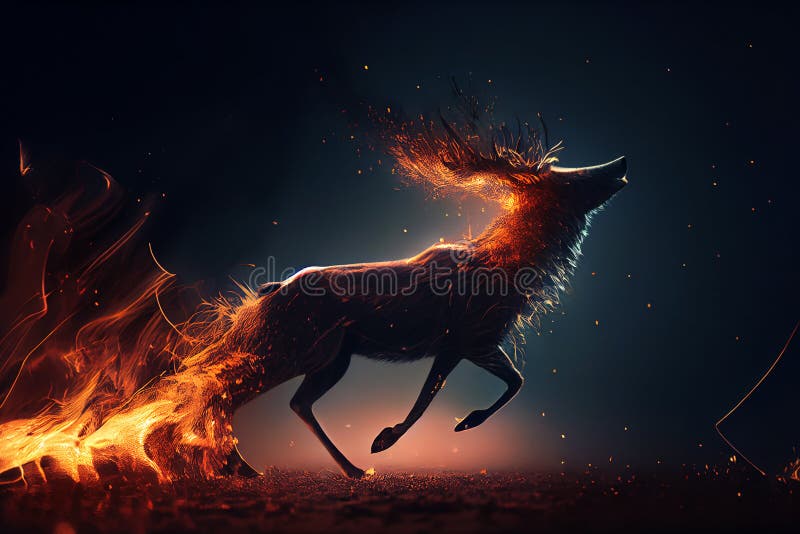 Mysterious Big Deer Running in Fire Flames Stock Illustration ...