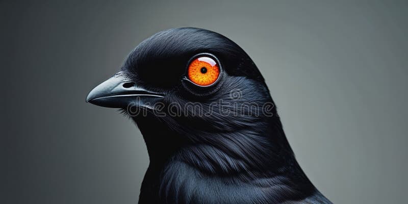 Mysterious Black Bird with Eerie Orange Eye. Stock Photo - Image of ...