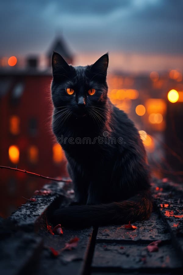 Mysterious Black Cat in the Night Stock Illustration - Illustration of ...