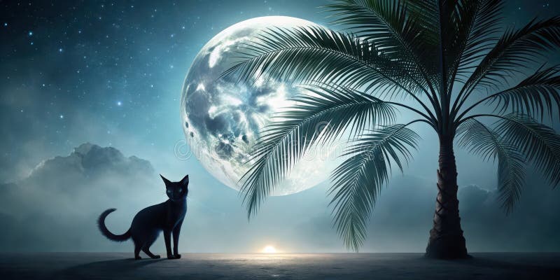 Mysterious Black Cat Silhouetted Against a Giant Moon and Palm Tree at ...