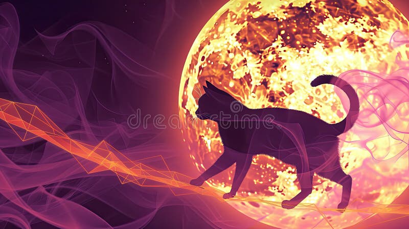Mysterious Black Cat Walking Under Full Moon with Orange Triangle Path ...