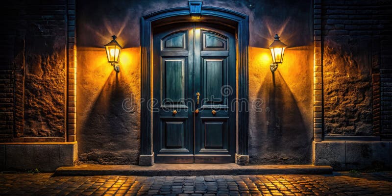 Mysterious Black Doorway Under Panoramic Night Sky a Dramatic Entrance ...