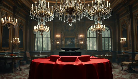 Mysterious Black Object on Crimson Table in Opulent Antique Room Stock ...