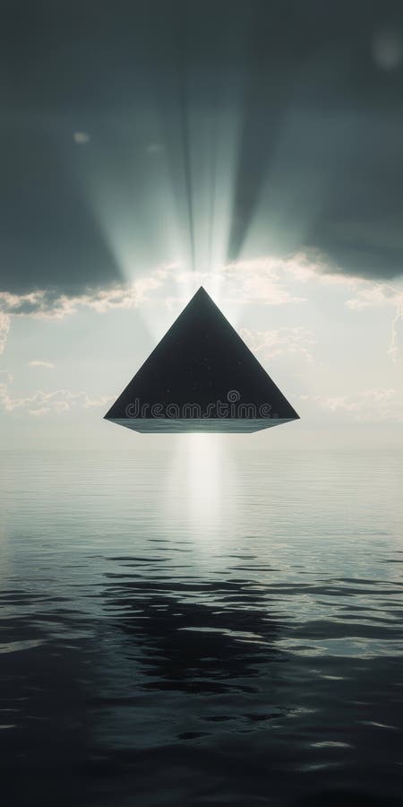 Mysterious Black Pyramid Hovering Over Calm Ocean with Dramatic Sky ...