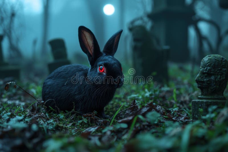 Mysterious Black Rabbit in Dark Forest Stock Illustration ...