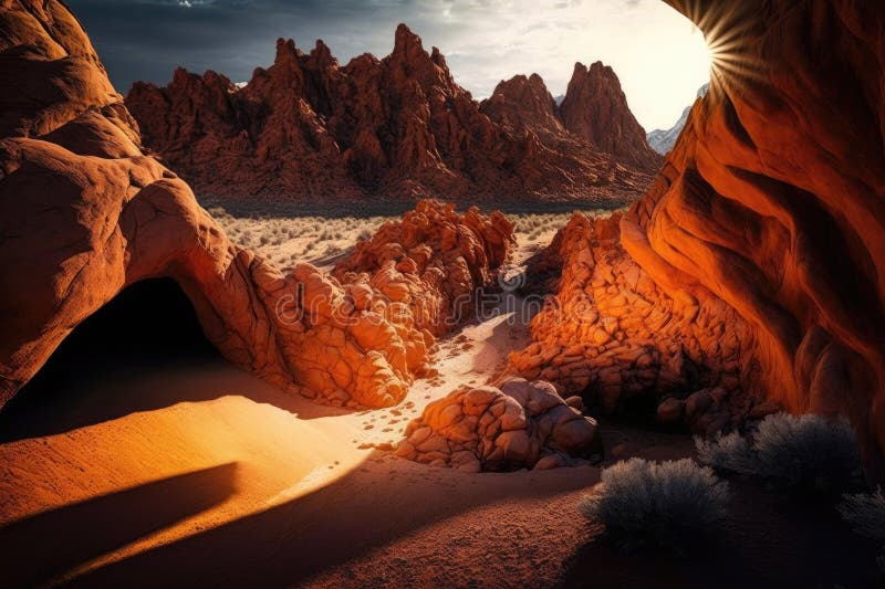 Mysterious Black and Red Rock Formations in Eastern Sunlight Stock ...