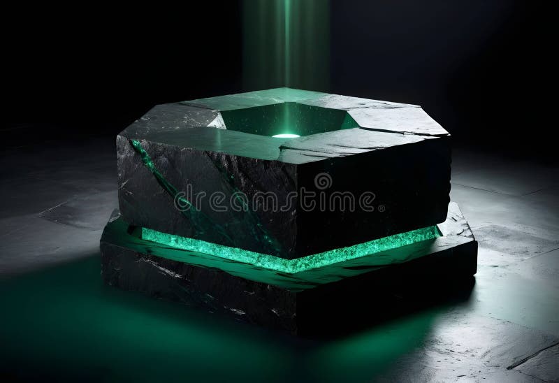 Mysterious Black Stone Platform with Glowing Green Light Effect on Dark ...