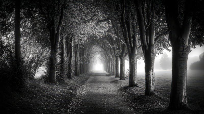 Mysterious Black and White Path through Silent Trees Leading To Bright ...