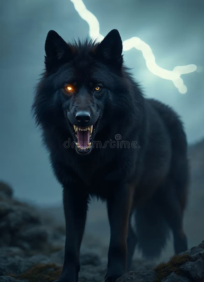 Mysterious Black Wolf with Glowing Eye Amidst Thunderstorm and ...