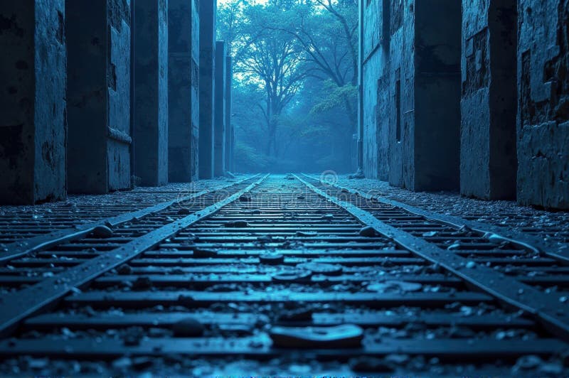Mysterious Blue Alley with Wet Railroad Tracks and Distant Trees Stock ...