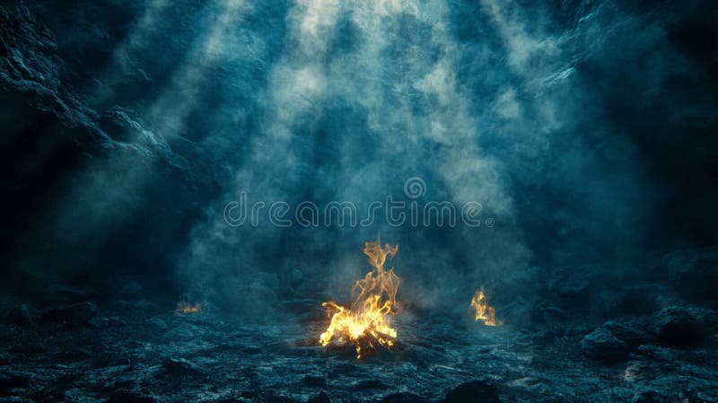 Mysterious Blue Cave with Burning Embers and Rising Smoke Stock ...