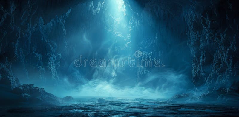 Mysterious Blue Cave with Fog and Mist, Atmospheric Surreal Night Scene ...