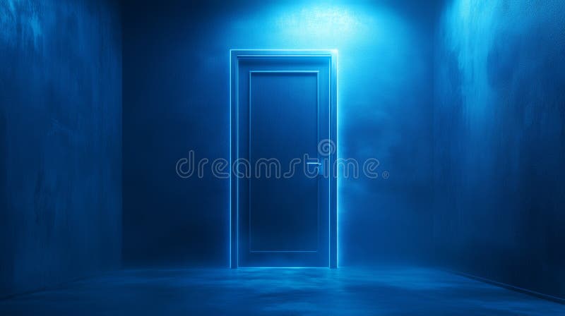 Mysterious Blue Door Glowing in Dark Hallway Stock Illustration ...