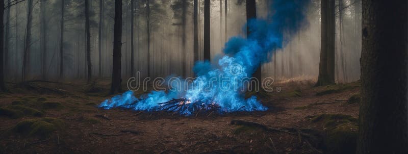 Mysterious Blue Fire Burning in a Serene Forest Stock Illustration ...