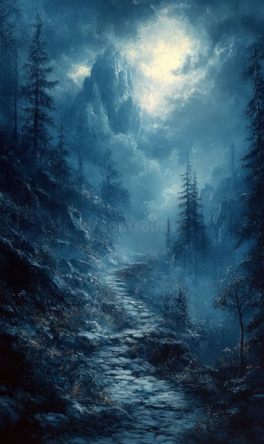 Mysterious Blue Forest Path Illuminated by Moonlight at Night Stock ...