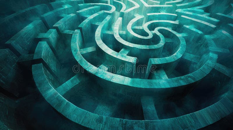 Mysterious Blue-green Stone Maze with Atmospheric Mist and Complex ...