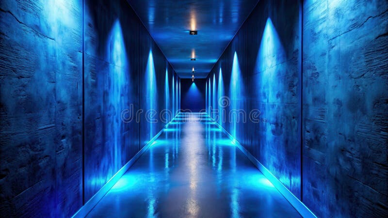 Mysterious Blue-lit Corridor with Reflective Floor and Textured Walls ...