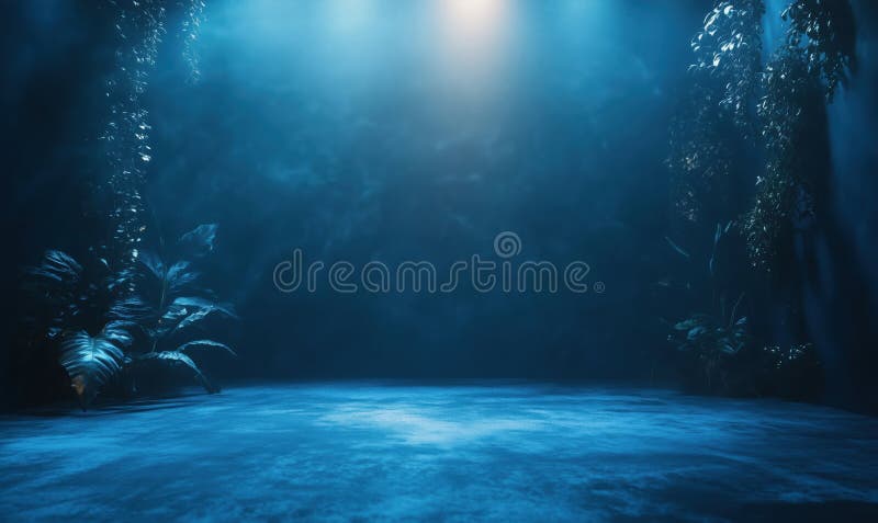 Mysterious Blue-lit Environment with Foliage, Dim Lighting, and Misty ...