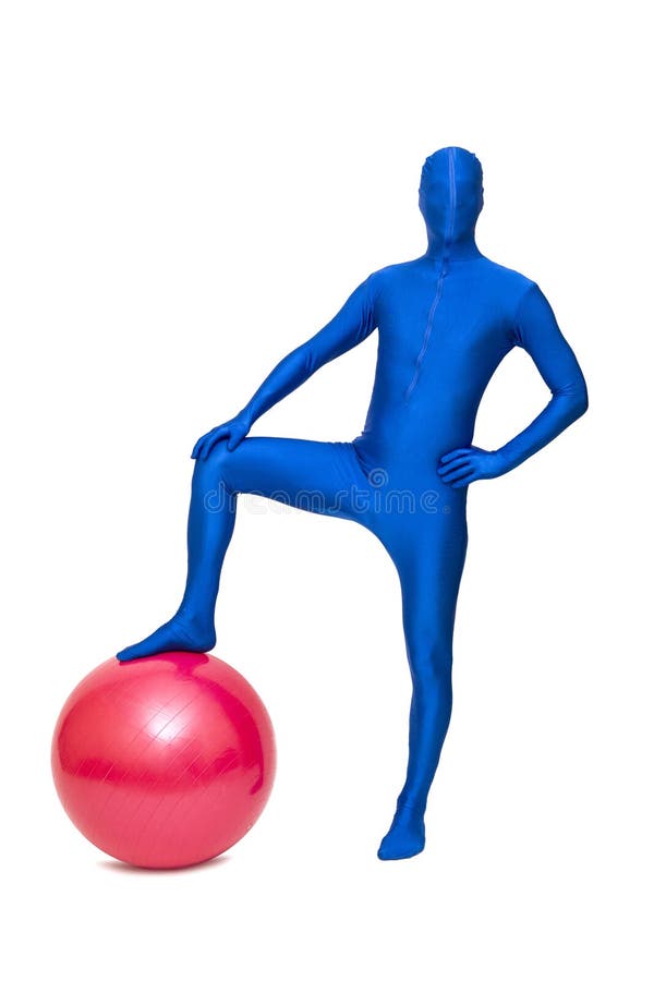Mysterious Blue Man in Morphsuit Exercise with Pilates Ball Stock Image ...