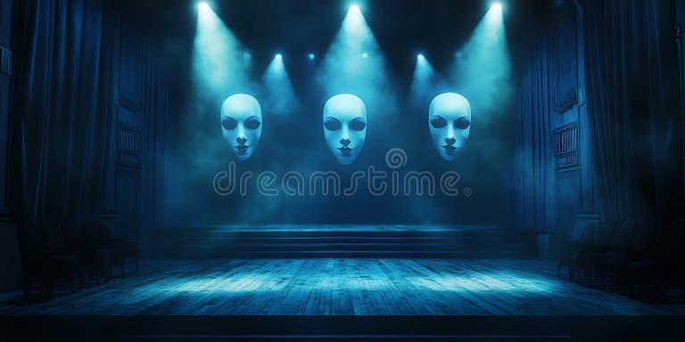 Mysterious Blue Stage with Mask Faces Dark and Dramatic Background ...