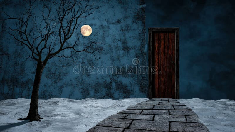 Mysterious Blue Wall with a Wooden Door and a Tree Under a Full Moon ...