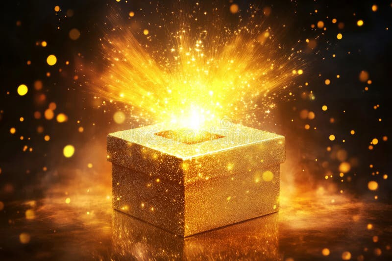 A Magical Gift Box Bursts Open, Radiating Golden Rays and Sparkling ...
