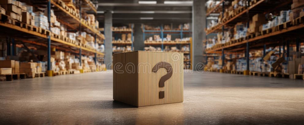 The Mysterious Box with a Question Mark in a Bustling Warehouse Setting ...