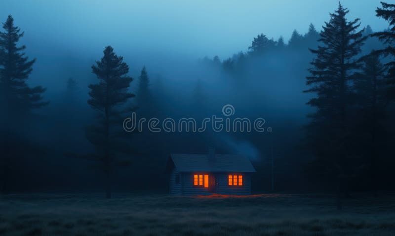Mysterious Cabin in Foggy Forest with Glowing Windows at Dusk Stock ...