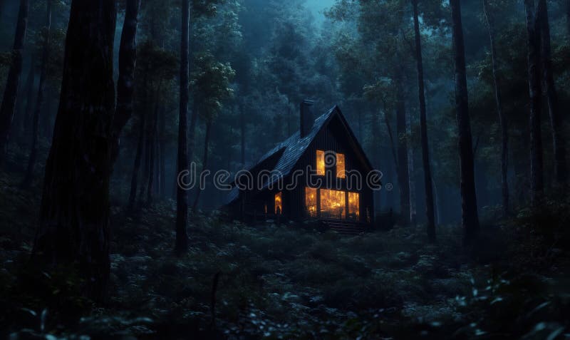 Mysterious Cabin Illuminated at Night Surrounded by Dense Forest Stock ...