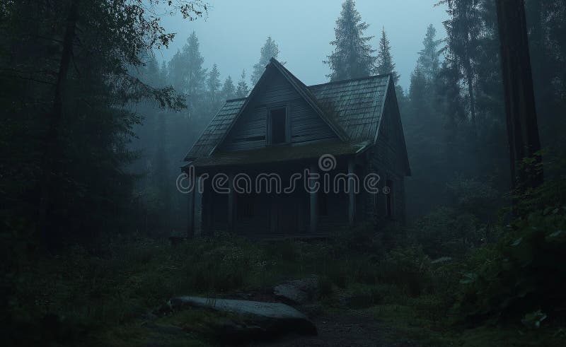 Mysterious Cabin in Misty Forest Stock Illustration - Illustration of ...