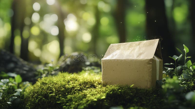 Mysterious Cardboard Box on Mossy Forest Floor with Magical Sparkles ...