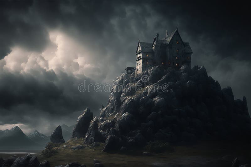 Mysterious Castle with Dramatic Cloudy Sky Stock Illustration ...