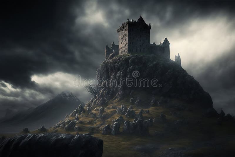 Mysterious Castle with Dramatic Cloudy Sky Stock Illustration ...