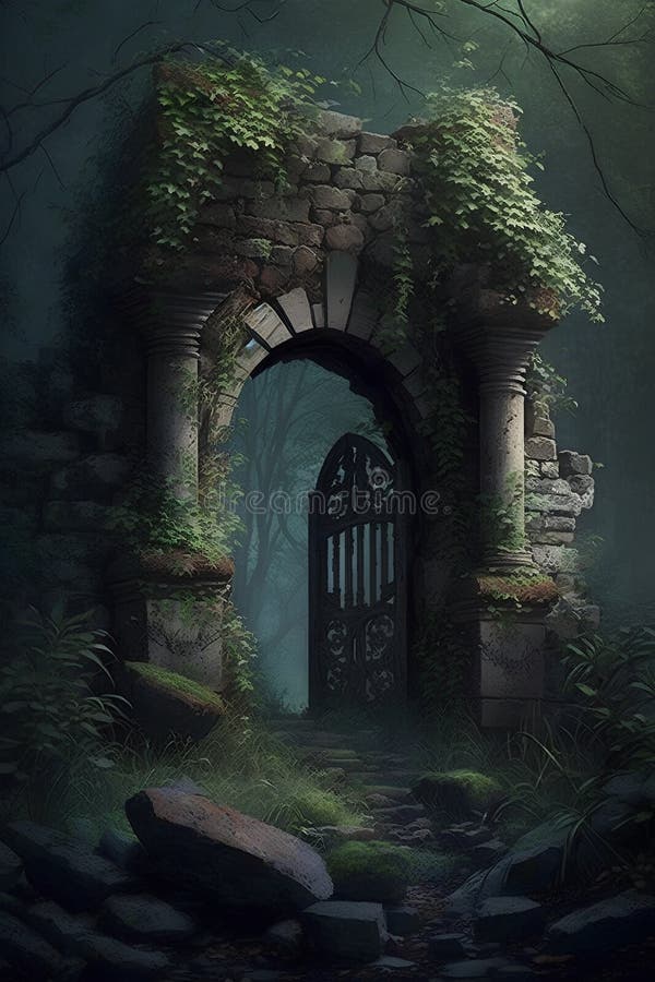 Mysterious Castle Gate in Foggy Forest, 3d Render Stock Illustration ...
